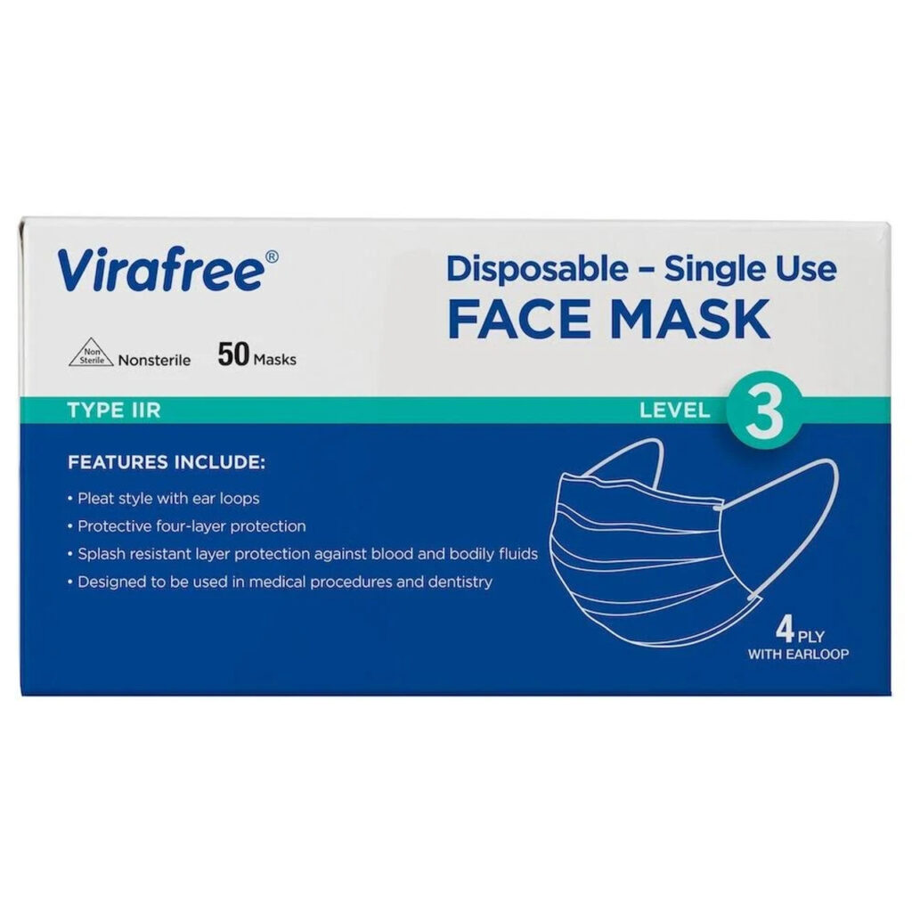 ViraFree Type IIR Disposable Surgical Face Mask – Box of 50